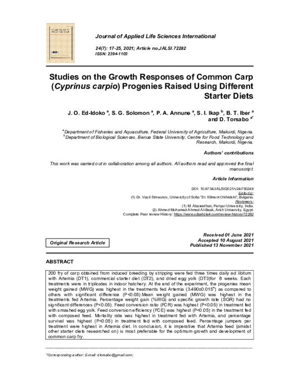 (PDF) Studies on the Growth Responses of Common Carp (Cyprinus carpio) Progenies Raised Using ...