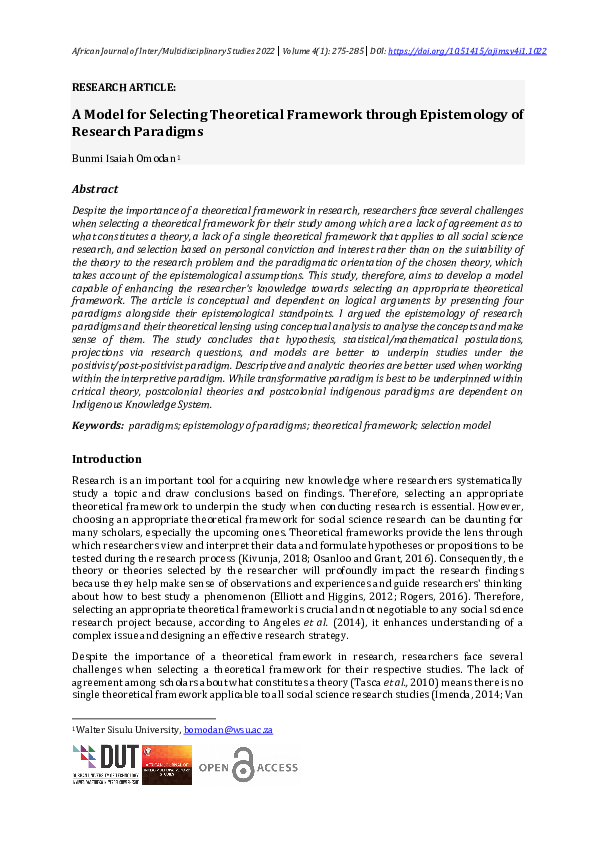 (PDF) A Model for Selecting Theoretical Framework through Epistemology of Research Paradigms