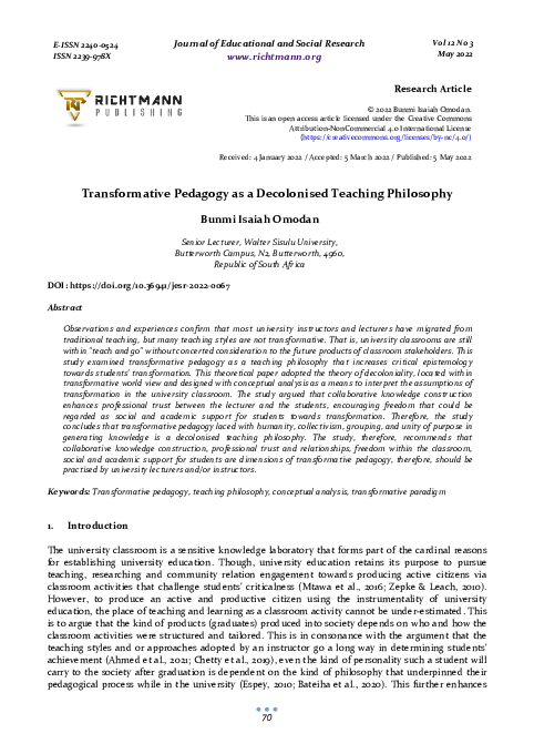 (PDF) Transformative Pedagogy as a Decolonised Teaching Philosophy | Bunmi I . Omodan (PhD ...