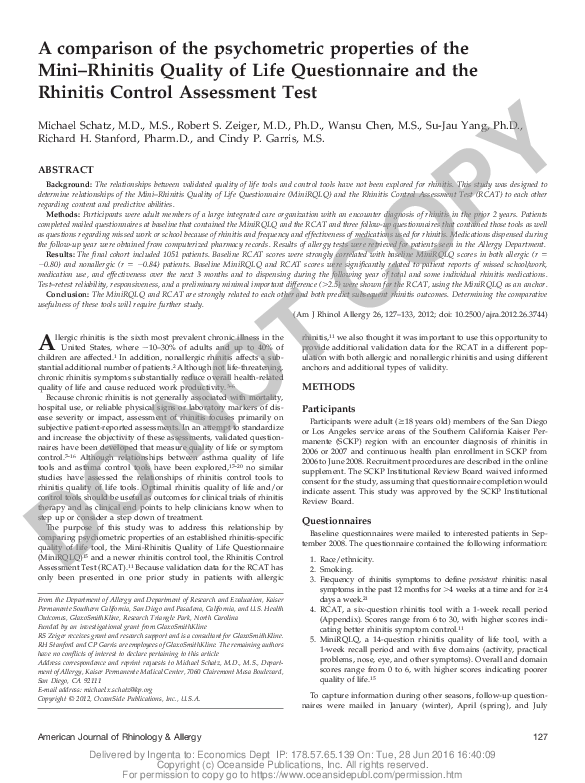 (PDF) A Comparison of the Psychometric Properties of the Mini–Rhinitis ...