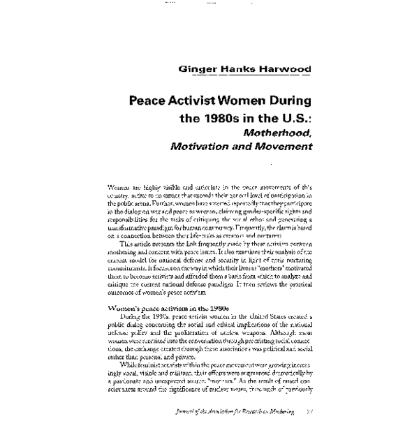 (PDF) Peace Activist Women During the 1980s in the U.S.: Motherhood ...
