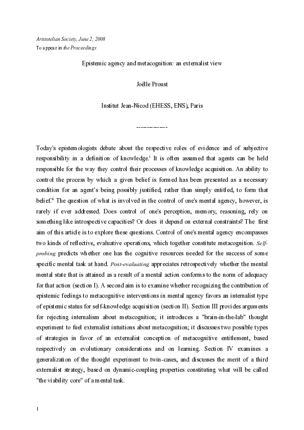 Epistemic Agency and Metacognition: An Externalist View