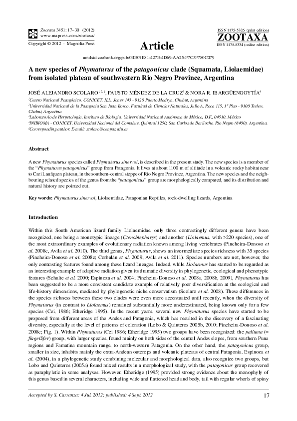 (PDF) A new species of Phymaturus of the patagonicus clade (Squamata ...