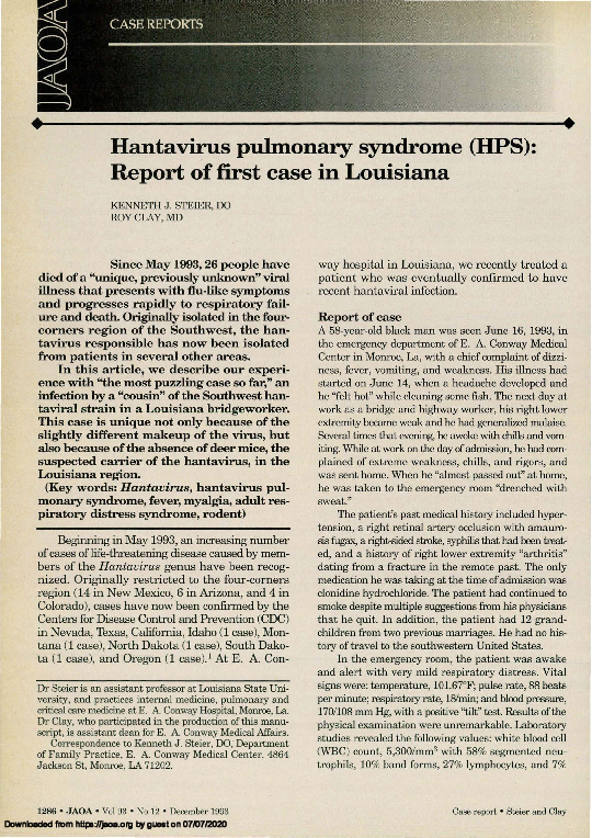 (PDF) Hantavirus pulmonary syndrome (HPS): Report of first case in ...