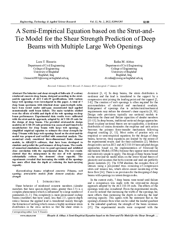 (PDF) A Semi-Empirical Equation based on the Strut-and-Tie Model for the Shear Strength ...