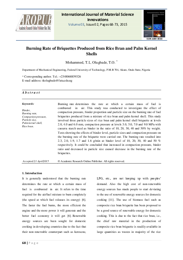 (PDF) Burning Rate of Briquettes Produced from Rice Bran and Palm ...