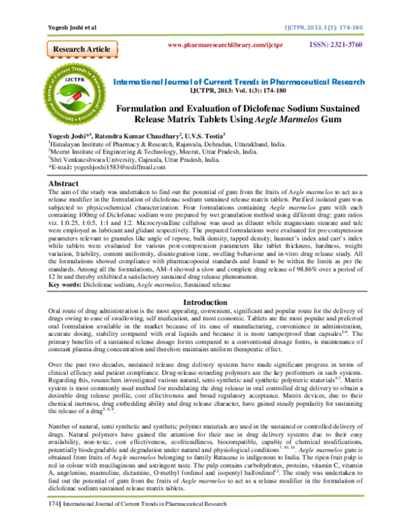 Pdf Formulation And Evaluation Of Diclofenac Sodium Sustained Release Matrix Tablets Using
