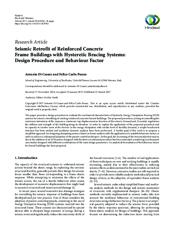Pdf Seismic Retrofit Of Reinforced Concrete Frame Buildings With Hysteretic Bracing Systems