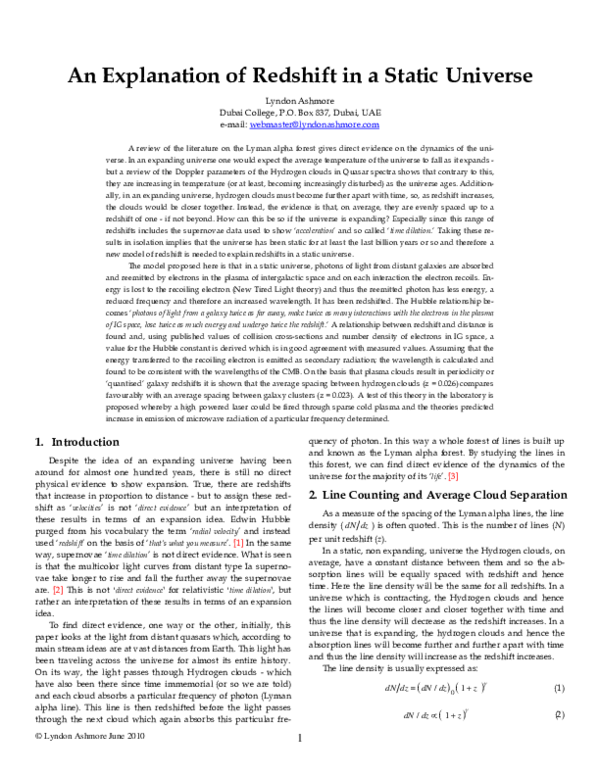 (PDF) An Explanation of Redshift in a Static Universe