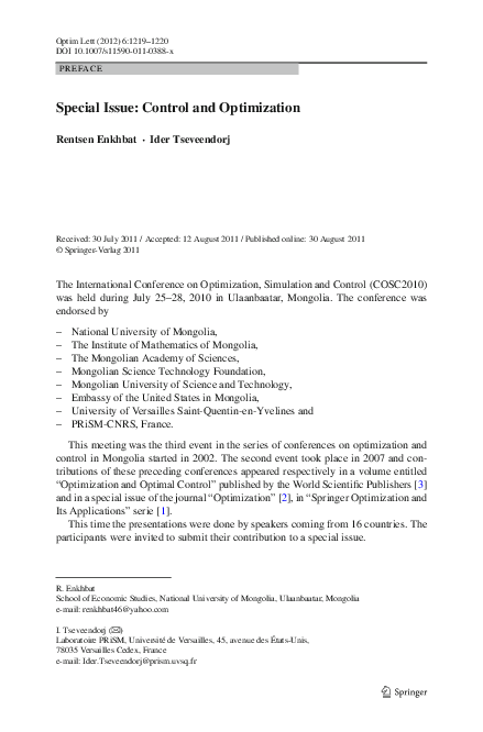 (PDF) Special Issue: Control and Optimization