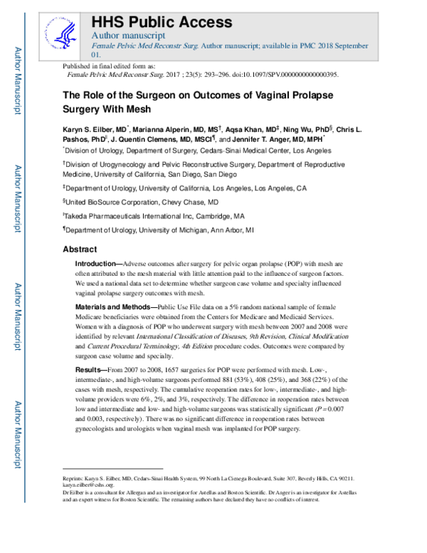 (PDF) The Role of the Surgeon on Outcomes of Vaginal Prolapse Surgery ...