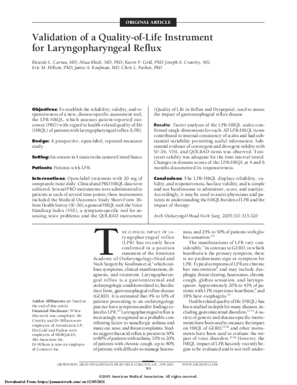 (PDF) Validation of a Quality-of-Life Instrument for Laryngopharyngeal ...