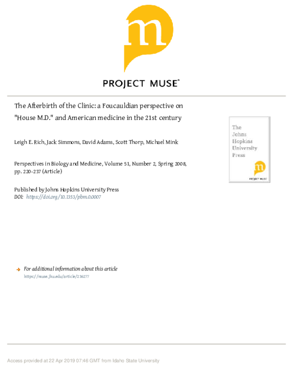 (PDF) The Afterbirth of the Clinic: a Foucauldian perspective on "House ...