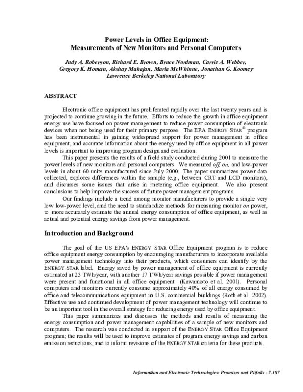 (PDF) Power levels in office equipment: Measurements of new monitors ...