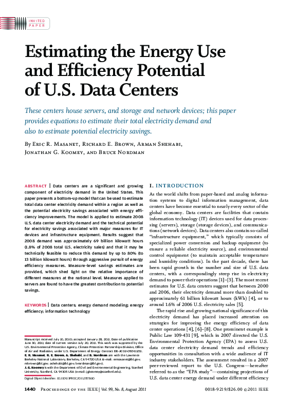 (PDF) Estimating the Energy Use and Efficiency Potential of U.S. Data Centers These centers ...