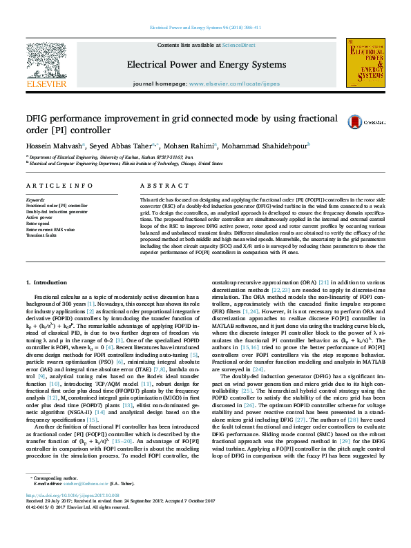 Pdf Dfig Performance Improvement In Grid Connected Mode By Using Fractional Order Pi Controller