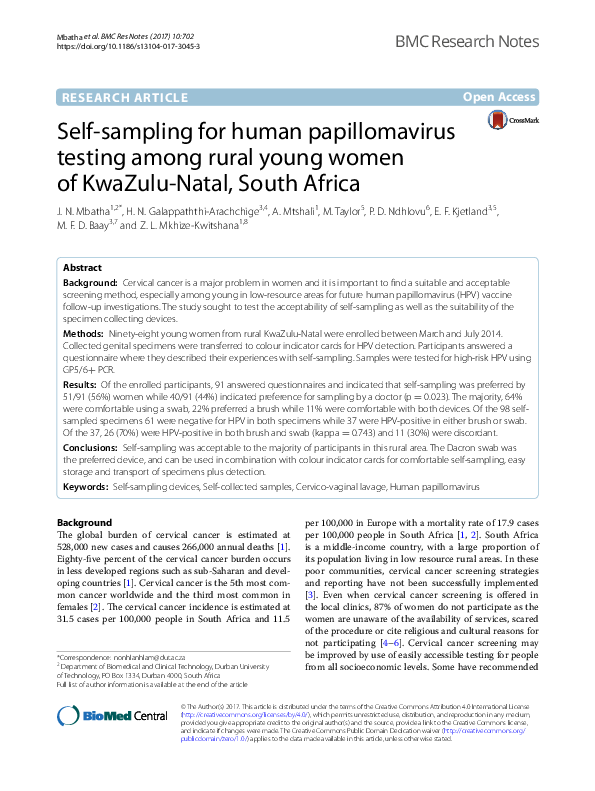 (PDF) Self-sampling for human papillomavirus testing among rural young ...
