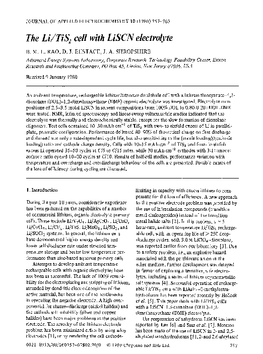 (PDF) The Li/TiS2 cell with LiSCN electrolyte | Daniel Eustace ...