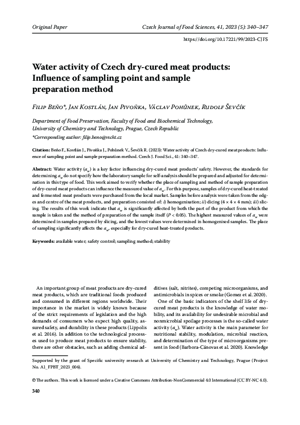 (PDF) Water activity of Czech dry-cured meat products: Influence of ...
