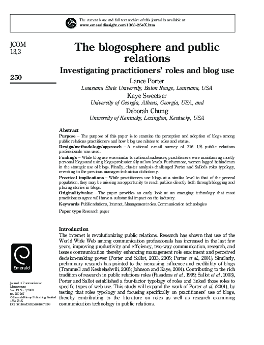 (PDF) The blogosphere and public relations Investigating