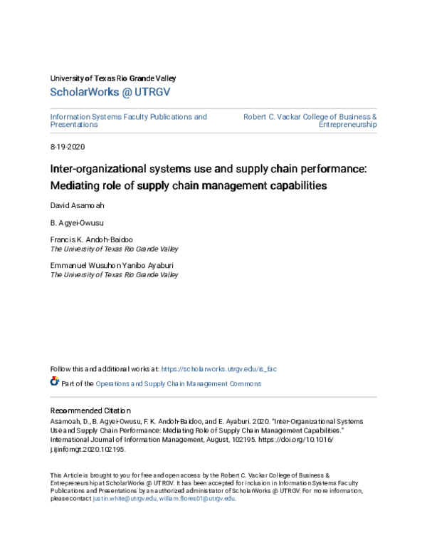 (PDF) Inter-organizational systems use and supply chain performance: Mediating role of supply ...