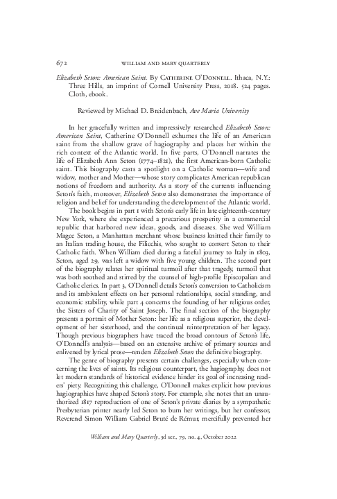 (PDF) Review of Catherine O'Donnell's Elizabeth Seton: American Saint ...