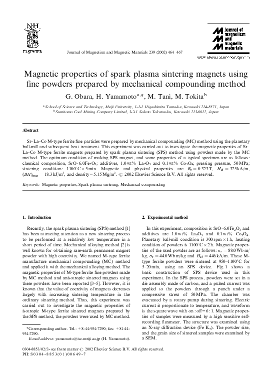 (PDF) Magnetic properties of spark plasma sintering magnets using fine ...