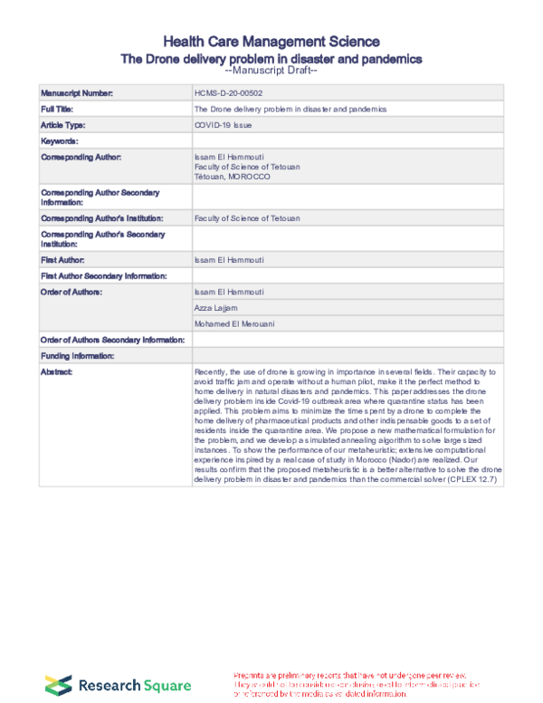 (PDF) The Drone delivery problem in disaster and pandemics | Azza ...