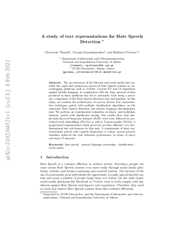(PDF) A Study of Text Representations for Hate Speech Detection