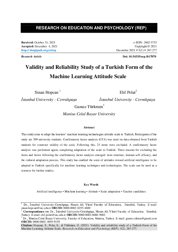 (PDF) Validity and Reliability Study of a Turkish Form of the Machine Learning Attitude Scale