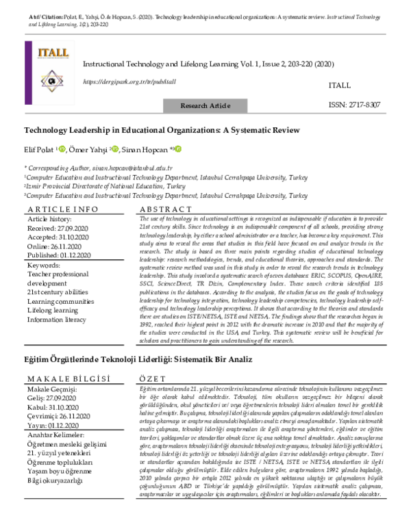 (PDF) Technology Leadership in Educational Organizations: A Systematic ...