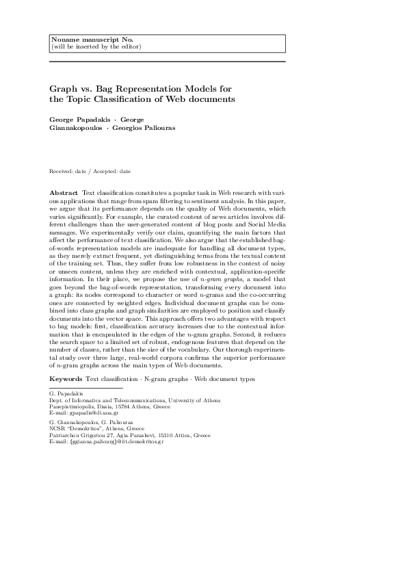 (PDF) Graph vs. bag representation models for the topic classification of web documents