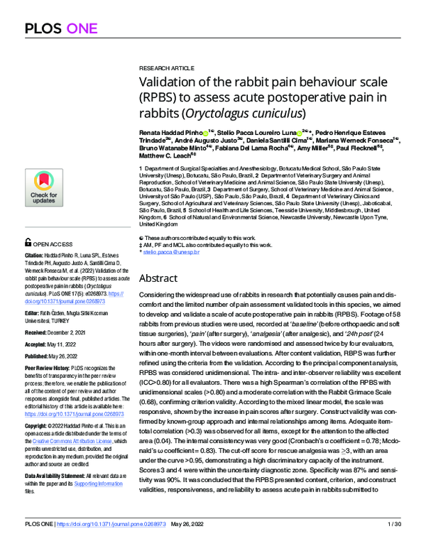 (PDF) Validation of the rabbit pain behaviour scale (RPBS) to assess ...