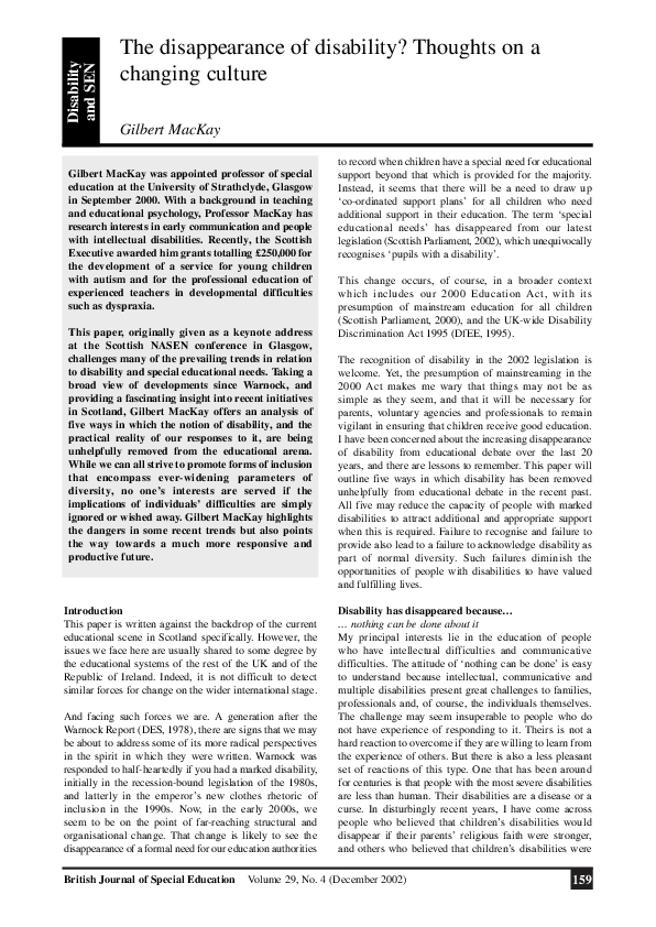 (PDF) The Disappearance of Disability? Thoughts on a Changing Culture