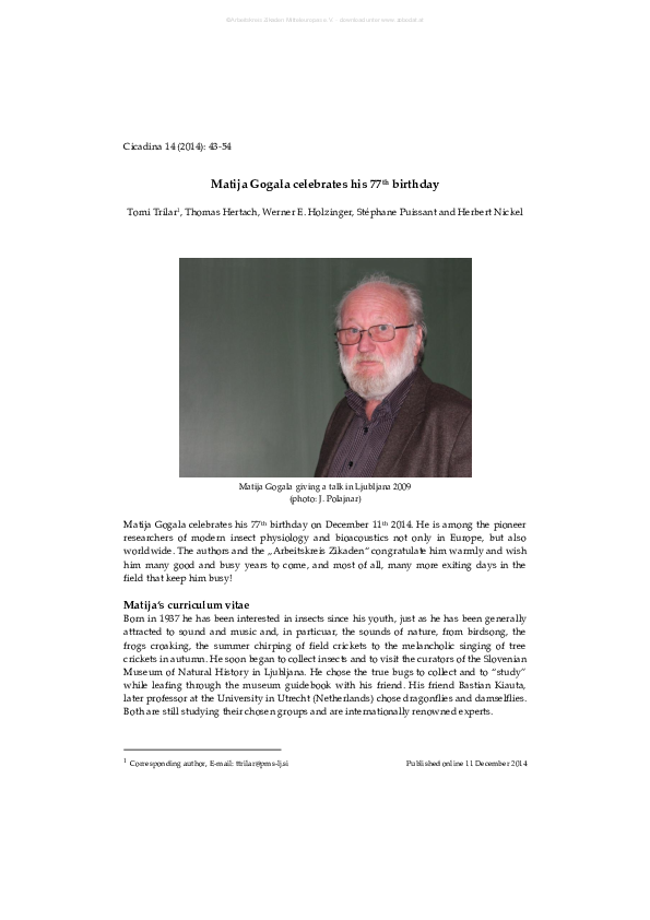(PDF) Matija Gogala celebrates his 77th birthday | Stephane Puissant ...