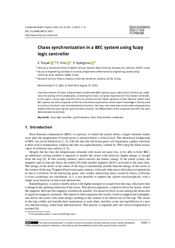 Pdf Chaos Synchronization In A Bec System Using Fuzzy Logic Controller