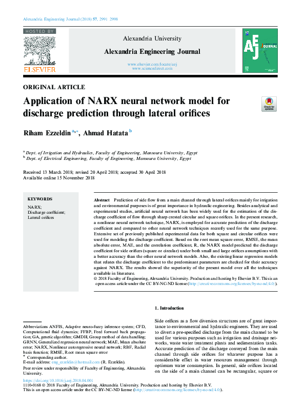 (PDF) Application of NARX neural network model for discharge prediction through lateral orifices