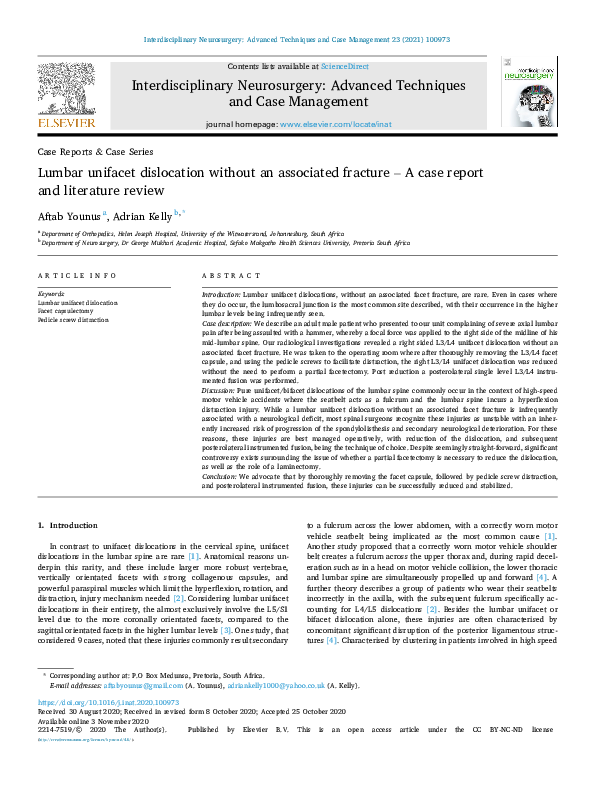 (PDF) Lumbar unifacet dislocation without an associated fracture – A ...
