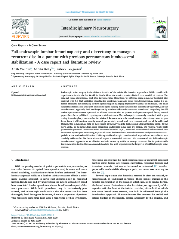 (PDF) Full-endoscopic lumbar foraminoplasty and discectomy to manage a ...