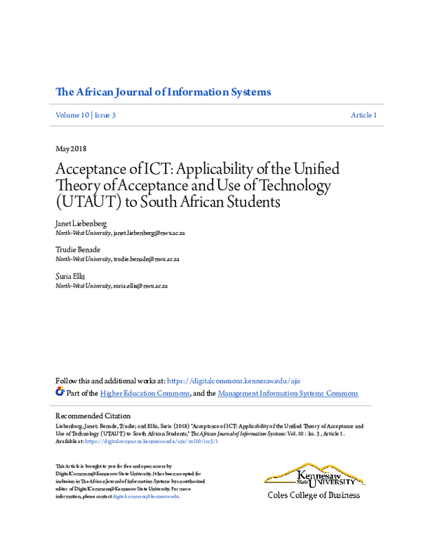 (PDF) Acceptance of ICT: Applicability of the Unified Theory of Acceptance and Use of Technology ...