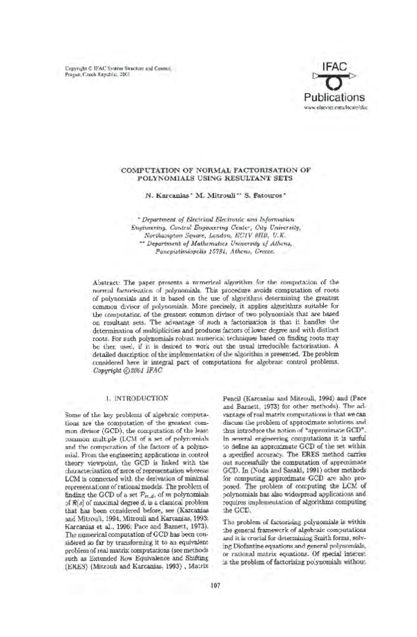 (PDF) Computation of Normal Factorisation of Polynomials Using Resultant Sets
