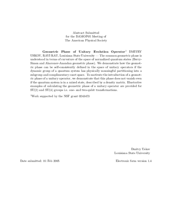 (PDF) Geometric Phase of Unitary Evolution Operator