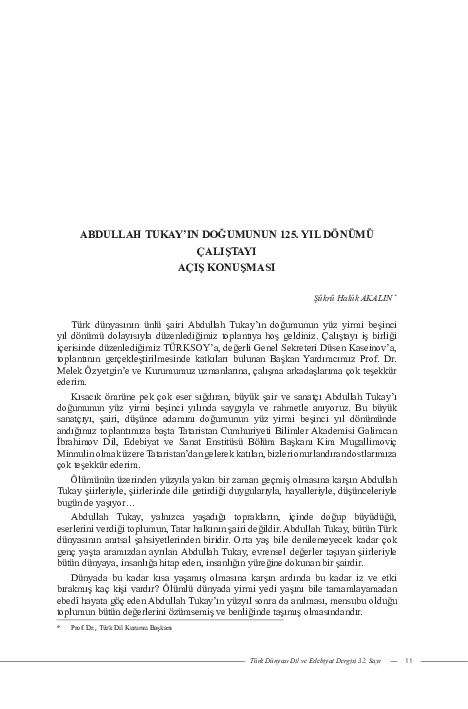 (PDF) Abdullah Tukay'ın Doğumunun 125. Yıl Dönümü Çalıştayı Açış Konuşması