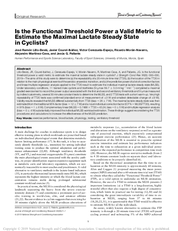 (PDF) Functional Threshold Power and Maximal Lactate Steady State