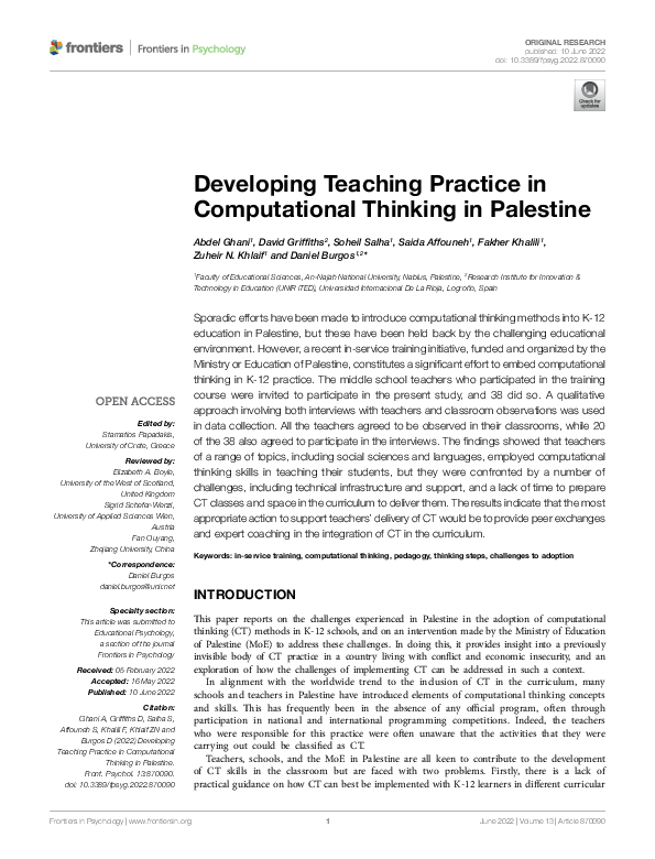 (PDF) Developing Teaching Practice in Computational Thinking in Palestine