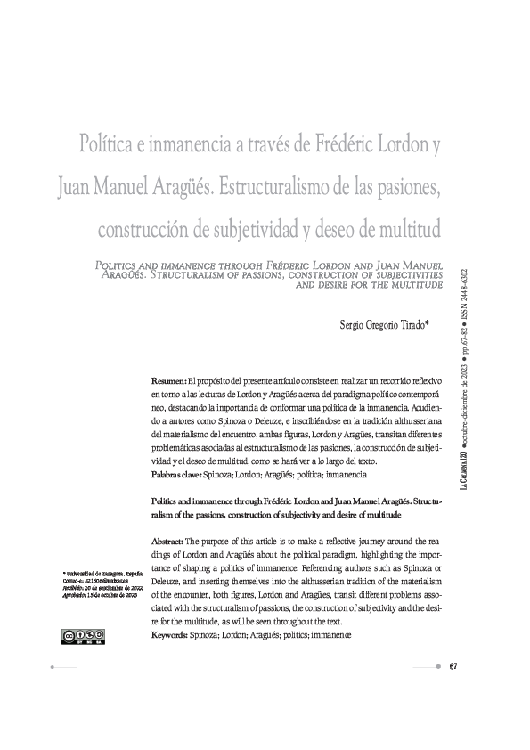 (PDF) Política e inmanencia a través de Frédéric Lordon y Juan Manuel ...