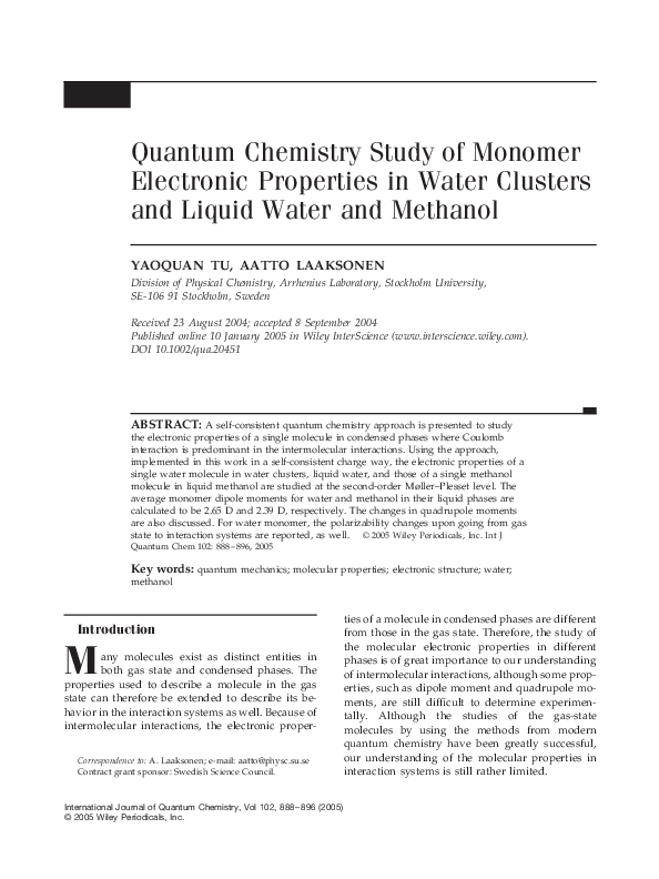 (PDF) Quantum chemistry study of monomer electronic properties in water ...