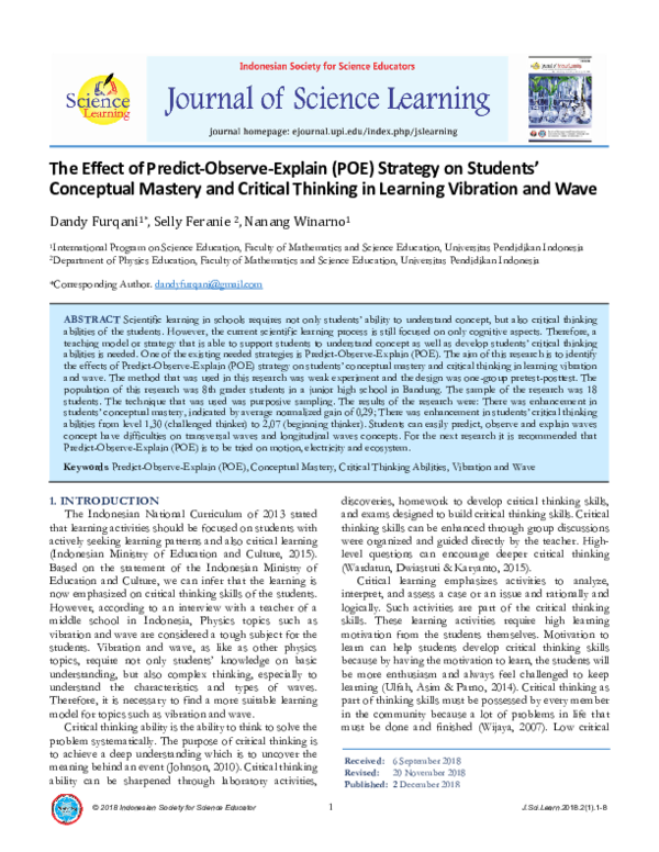 (PDF) The Effect of Predict-Observe-Explain (POE) Strategy on Students’ Conceptual Mastery and ...