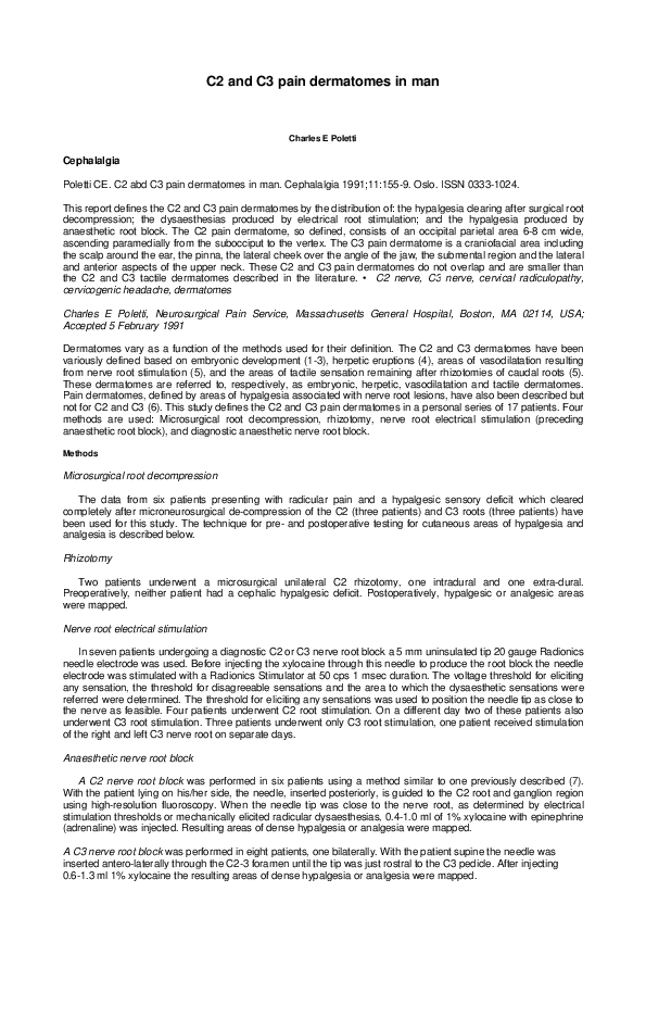 (PDF) C2 and C3 Pain Dermatomes in Man | charles poletti - Academia.edu