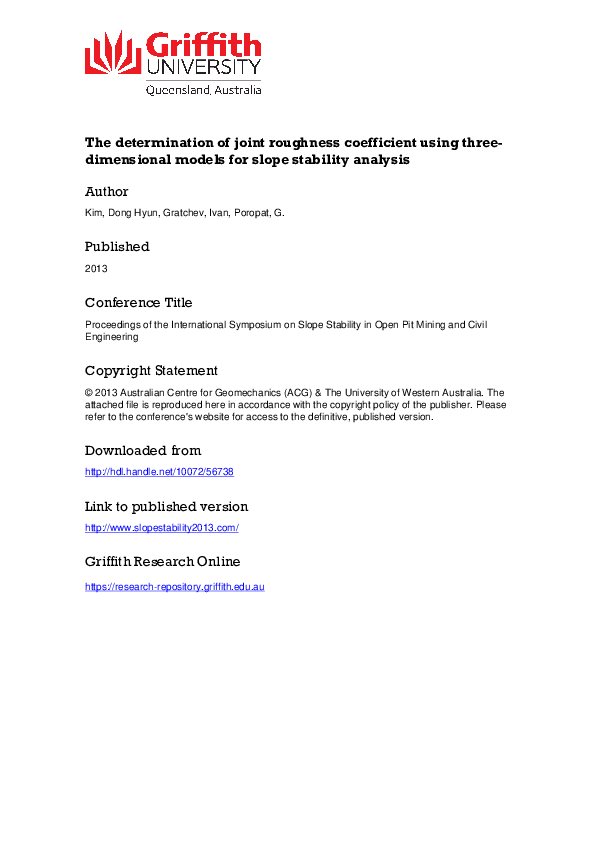 (PDF) The determination of joint roughness coefficient using three-dimensional models for slope ...